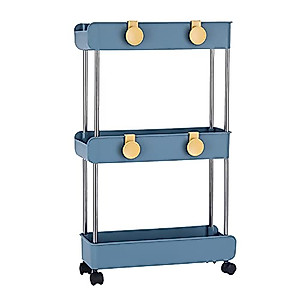 Slim Storage Cart, 3 Tier Mobile Shelving Unit Organizer, Slide Out Rolling Utility Cart Shelf Rack for Kitchen Bathroom Laundry Room Narrow Places, Plastic & Stainless Steel, Navy Blue