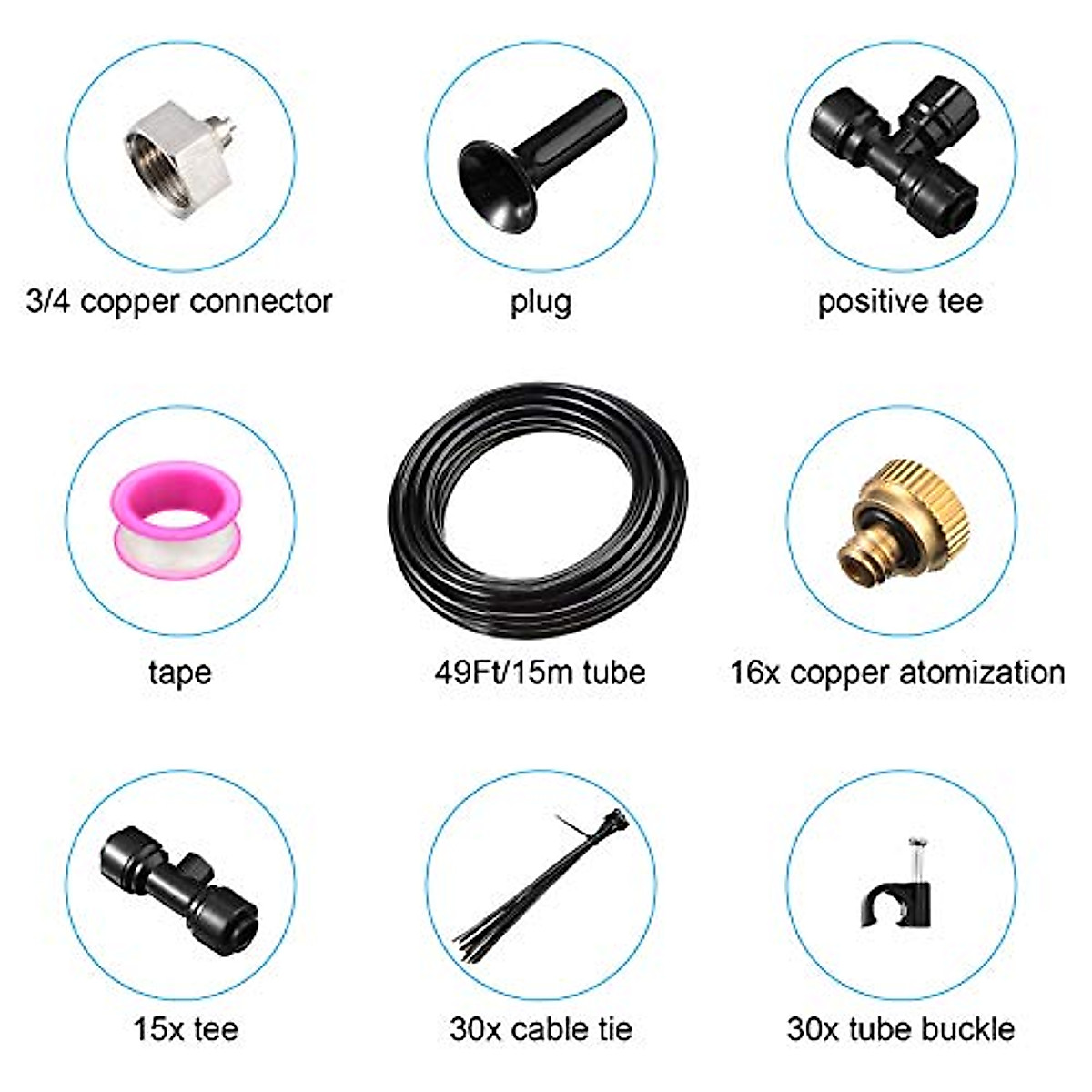 HESTYA Misting Cooling System Outdoor Misting System for Patio, Misting Line, Brass Mist Nozzles, Brass Adapter 3/4 Inch, Outdoor Mister for Patio Garden Greenhouse Trampoline (15 Meters/ 49 Feet)