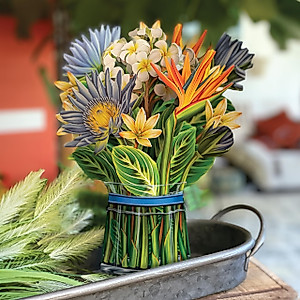 Freshcut Paper Pop Up Cards, Tropical Bloom, 12 inch Life Sized Forever Flower Bouquet 3D Popup Greeting Cards with Note Card and Envelope - Birds of Paradise & Lotus Blossom Flowers