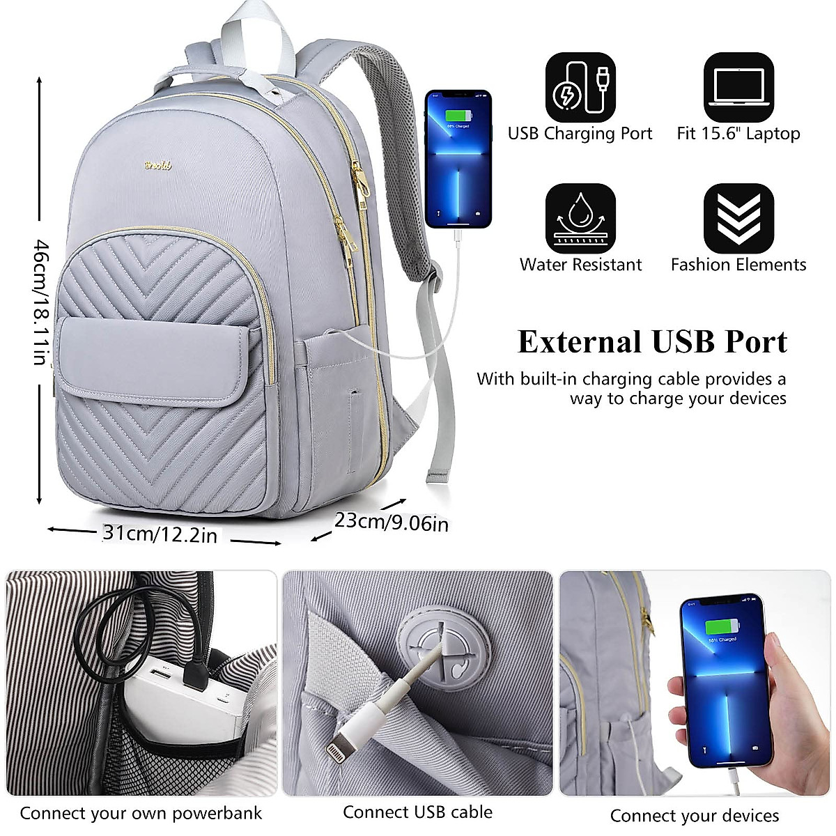 Breold Laptop Backpack Women,15.6 Inch Travel Backpack for Women,College School Bookbags with USB Charging Hole,Large Capacity Computer Backpacks for Work Business,TSA Friendly