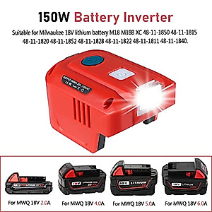TPDL Power Inverter Generator for Milwaukee M18 18 Volt 150 Watt Lithium Ion, DC to 120V AC Powered Dual USB Charger Adapter with LED Light Compact Inverter with Milwaukee Portable Power Source