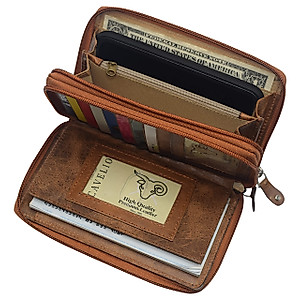 Cavelio USA Women's RFID Blocking Real Leather Large Capacity Double Zip Around Wallet Phone Holder Clutch Travel Purse Gift Box (Tan)