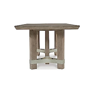 Benjara 84 Inch Rectangular Gray Dining Table, Pedestal Base, Metal Stretchers