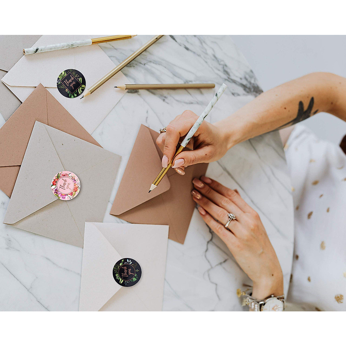 by Mich 1.5 Inch Thank You Stickers, Roll of 500 pc,3Designs |Thank You Stickers for Small Business, Wedding and Holiday |Pink, Black Thank You Labels with Greenery Boho Handwritten Rose Gold Font