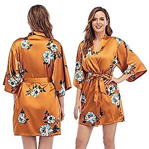 Escalier Women's Silk Satin Pajamas Sets 2Pcs Floral Silky Pj Robe Set with Chemise Nightgown Orange Floral S