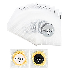 Self Adhesive Cookie Bags Cellophane Treat Bags, White polka dots with Black and White “Thanks” Print for Party Gift Giving Bakery Candy Cookie (100 Pcs, 3.94 x 3.94 Inches)