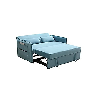 DHHU, Convertible, Modern Adjustable Pull Lounge Chair with 2 Side Pockets and 2 Pillows, Sleeper Home Office, Living Room, Blue Sofa Bed
