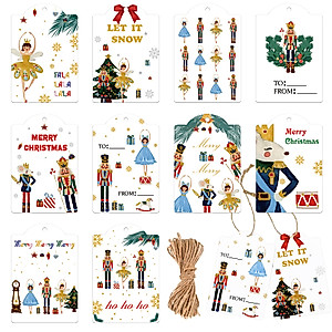 Yeaqee 120 Pcs Nutcracker Christmas Gift Tags with String Holiday Paper Name Tags Nutcracker Favor Tags Hanging Tag Labels for DIY Xmas Present Wrapping Party Decorations(White)