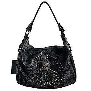 FiveloveTwo Women Skull Chain Handbag Large Capacity Gothic Shoulder Bag Studded Doctor Rivet Tote Satchel