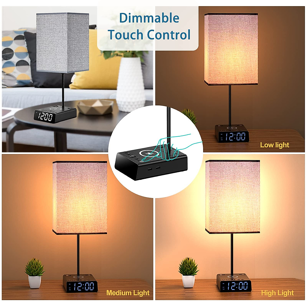 Bedside Lamp with USB Ports & AC Outlets, 15W Wireless Charger Table Lamp with Clock, 3 Way Dimmable Nightstand Lamps for Bedroom Living Room,Touch Lamp with Charging Station,Grey Shade & Black Base