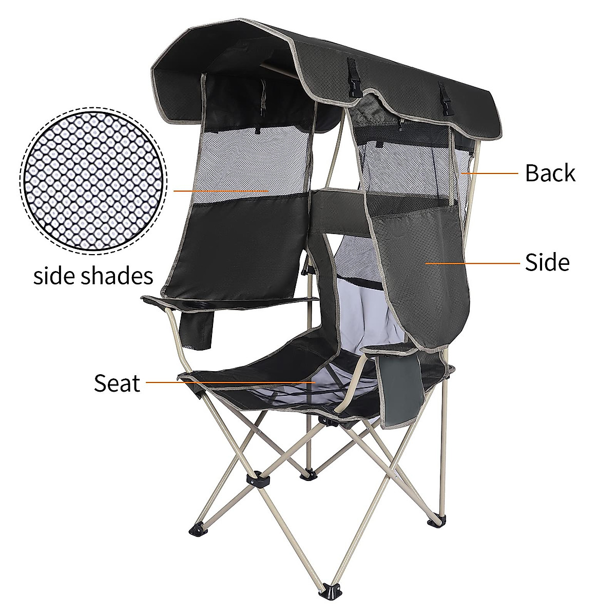 Camping Brothers Camping Chair with Full Sun Protection Canopy - Outdoor Folding Patio Chair with Adjustable Shade, Cup Holder, Side Pockets - Heavy Duty Steel Frame Supports 330 lbs (Army Green)