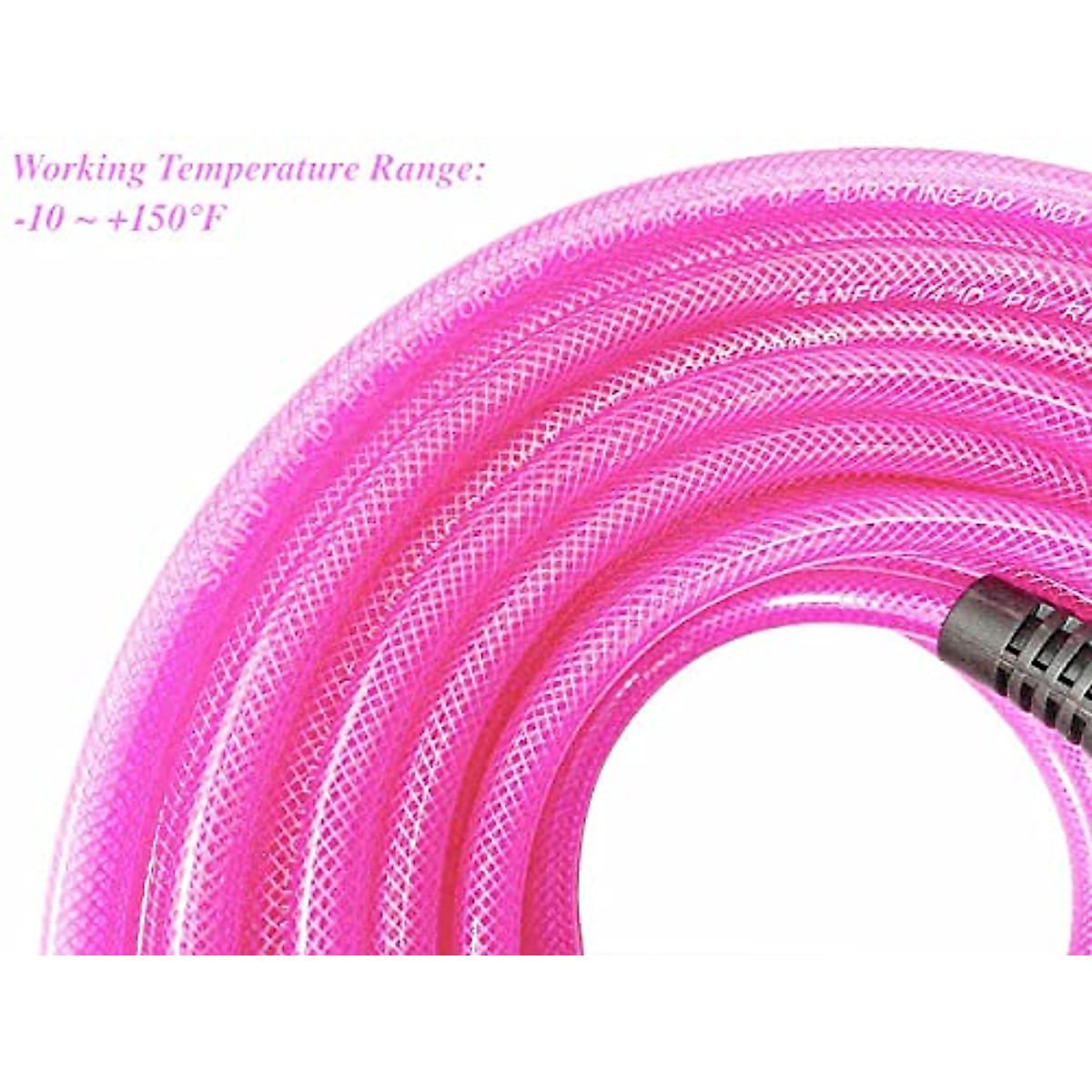 SANFU Polyurethane(PU) 1/4-Inch x 100ft Reinforced, lightweight Air Hose with 1/4” Swivel Industrial Quick Coupler and Plug, Bend Restrictor, Transparent Pink(100’)