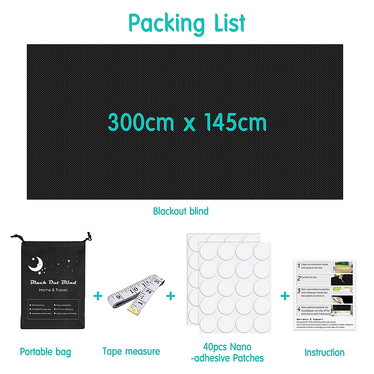 Black Out Blinds for Window 100% Blackout Fabric 118"x57" Portable Blackout Shades Temporary Sun Blocking for Window Quick Use with Nano Stickers for Home & Travel Rollable Washable Reusable