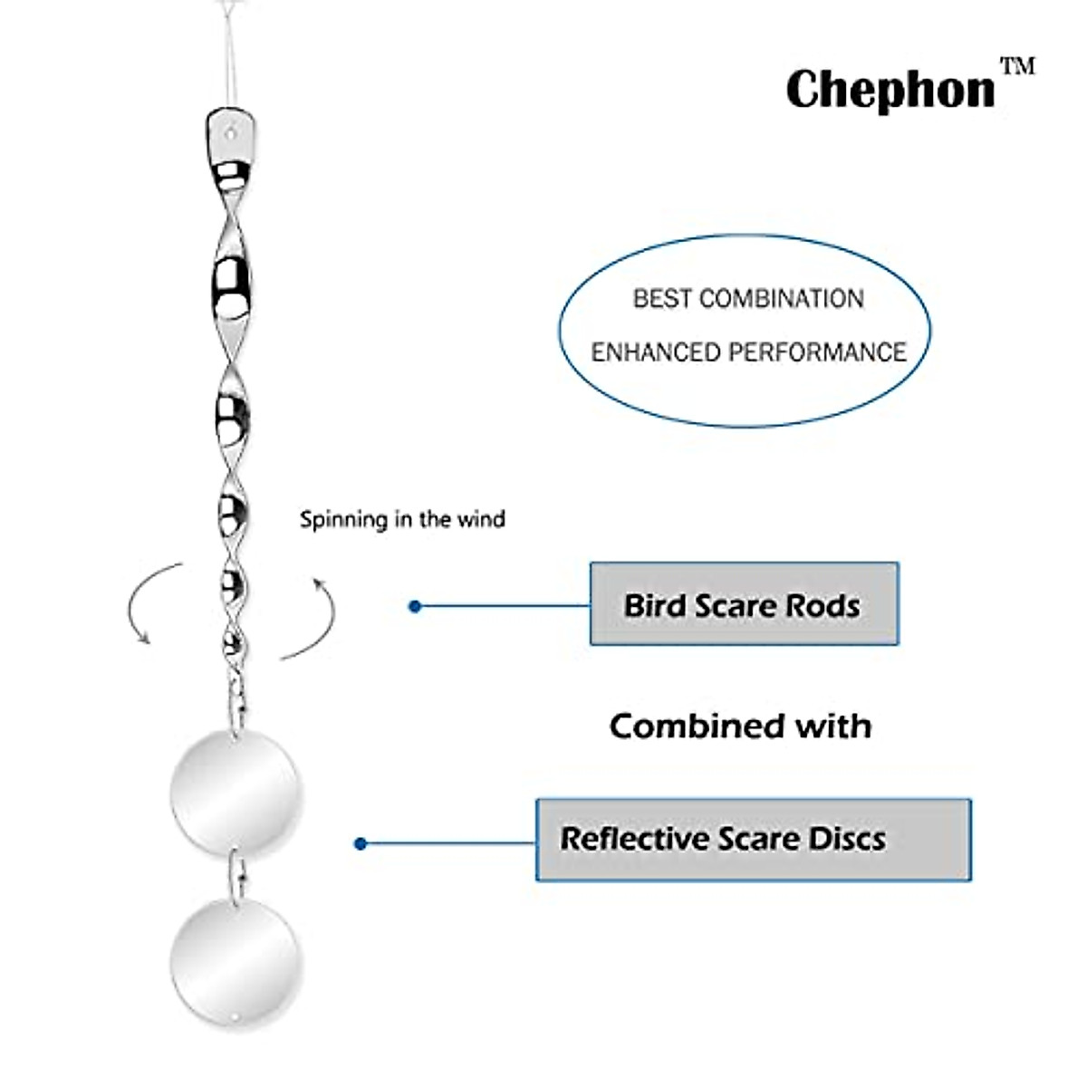 Chephon Bird Scare Rods with Reflective Discs Reflectors - Upgraded Bird Spinner Scare Device of Twisting Rods and Disks to Keep Birds Away Like Woodpecker and Pigeon - 6 Pack