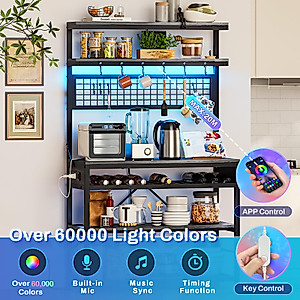 Itaar Bakers Rack with Power Outlet, 6-Tier Coffee Bar, Microwave Stand with Wine Rack, LED Lights and 10 Hooks, Bakers Racks for Kitchens with Storage, Grey