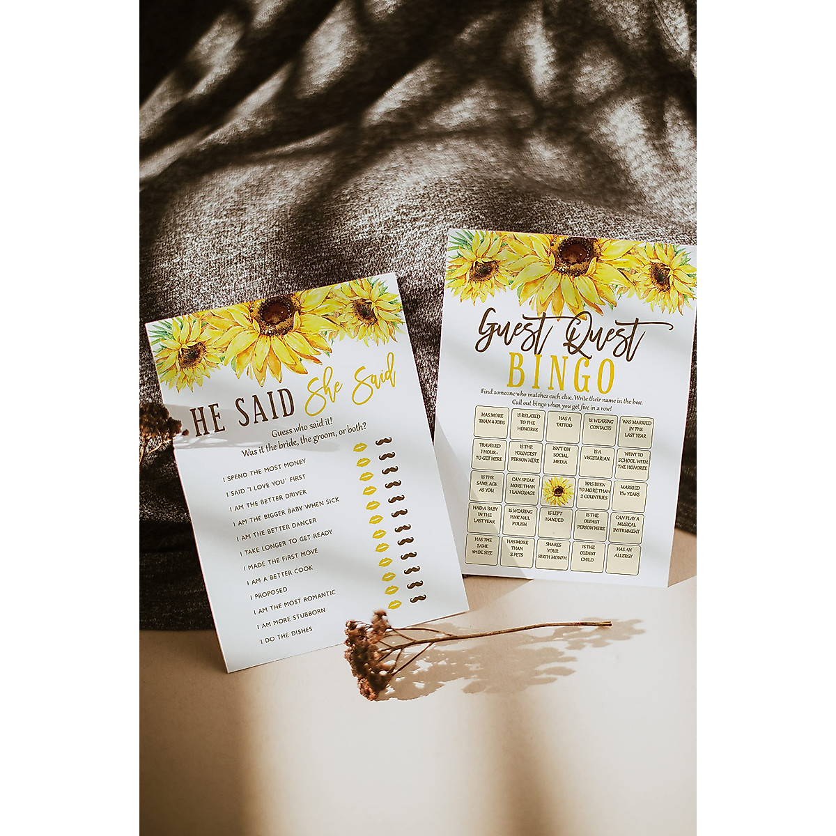 Your Main Event Prints Sunflower Bridal Shower Bachelorette Games - He Said She Said, Find The Guest Quest, Would She Rather, Phone Game - 25 Games Each, Printed Front and Back, 1 Game Per Side