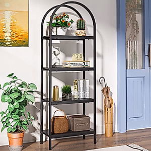 LITTLE TREE 4-Tier Arched Bookshelf, Tall Open Bookcase Storage Shelves, Wood Metal Freestanding Display Rack Tall Shelving Unit for Home Office, Bedroom, Living Room, Industrial Black