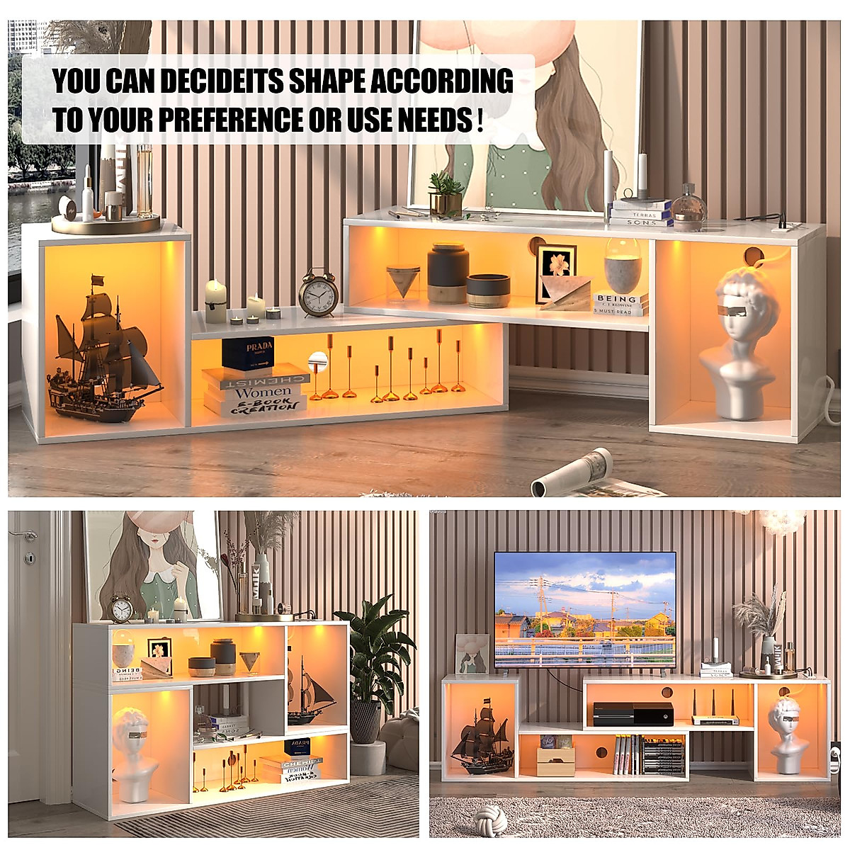 ANTISTA TV Stand, Deformable TV Stand with LED Light Strip & Power Outlets, Modern Entertainment Center with Storage Shelves for 55/60/65/70 inch TV, Gaming Media Console for Living Room