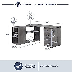 BELLEZE L Shaped Computer Desk, 60” Study Writing Table Home Office Desk Morden Corner Workstation Setup with Adjustable Storage Shelves and 3 Drawers, Gray Wash