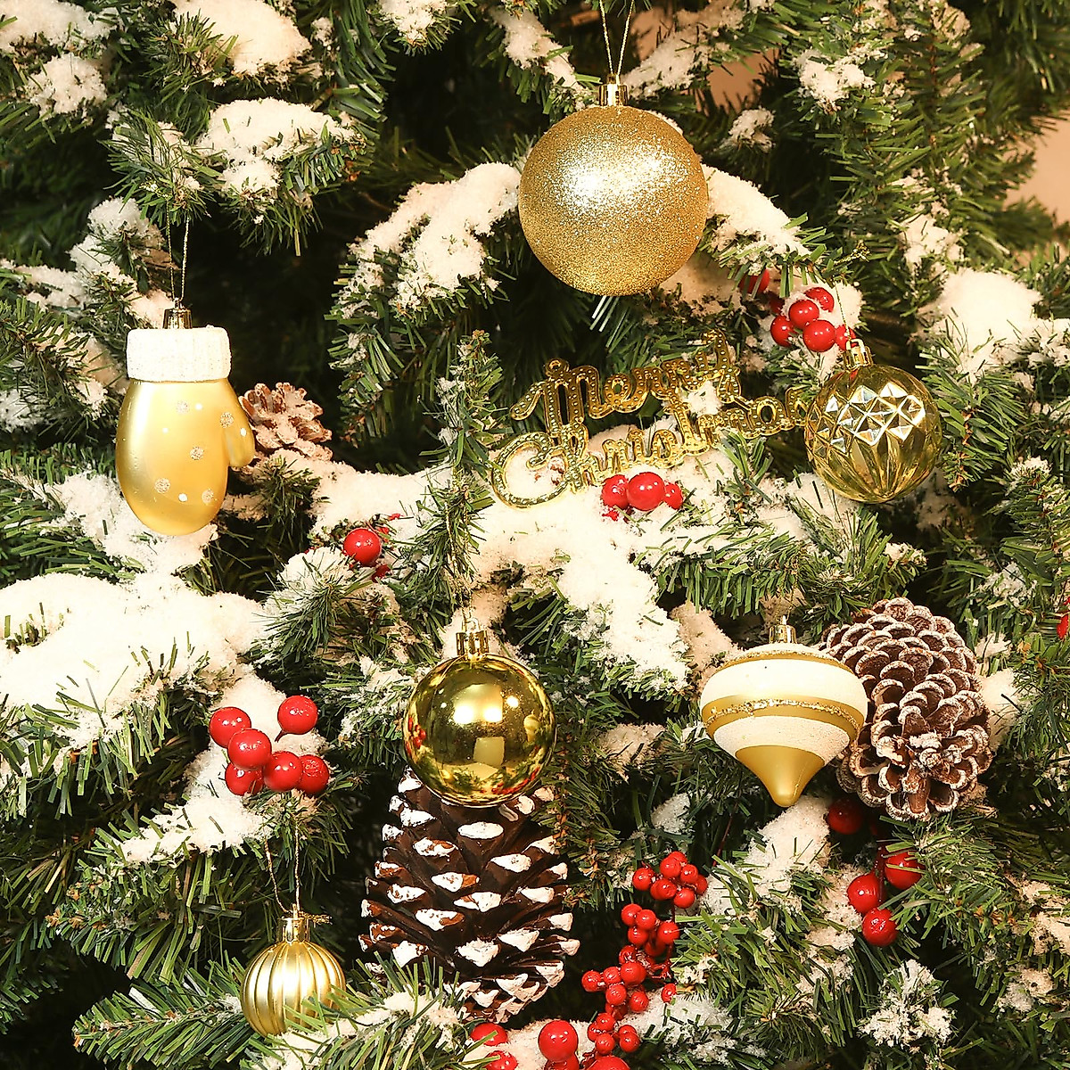 AMS 81ct Christmas Ball Ornaments Holiday Tree Decorations in a Reusable Hand-Help Gift Box for Xmas Tree Decor(Gold)