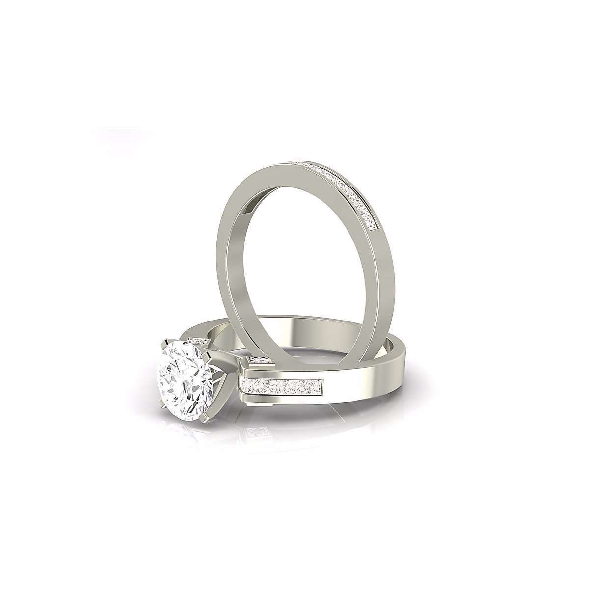 1.28 Carat GIA Certified Oval Cut 14k White Gold Channel Set Princess Cut Bridal Set Diamond Engagement Ring Wedding Band with a 0.5 Ct D-E VVS1-VVS2 Center