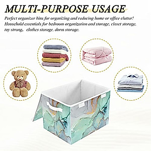 Kigai Abstract Marble Print Aqua Storage Basket with Lid Collapsible Storage Bin Fabric Box Closet Organizer for Home Bedroom Office 1 Pack