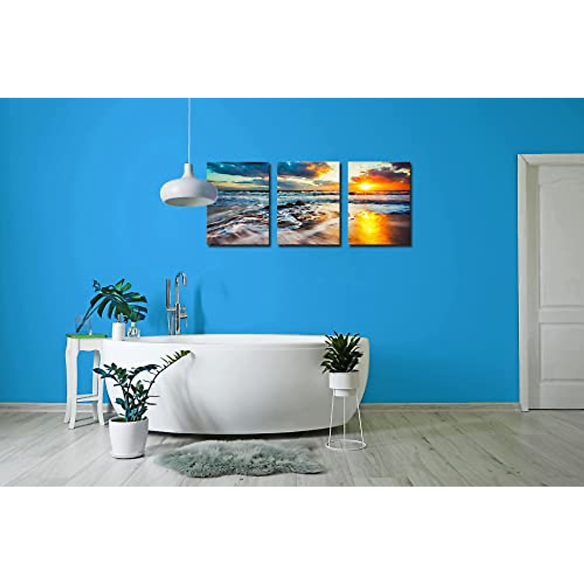 Canvas Wall Art Beach Sunset Ocean Waves Nature Pictures HD Prints 3 Pieces Stretched Canvas Wooden Framed Artwork for living Room Bedroom and Office living Room Wall Decor Size:12"x16"x3