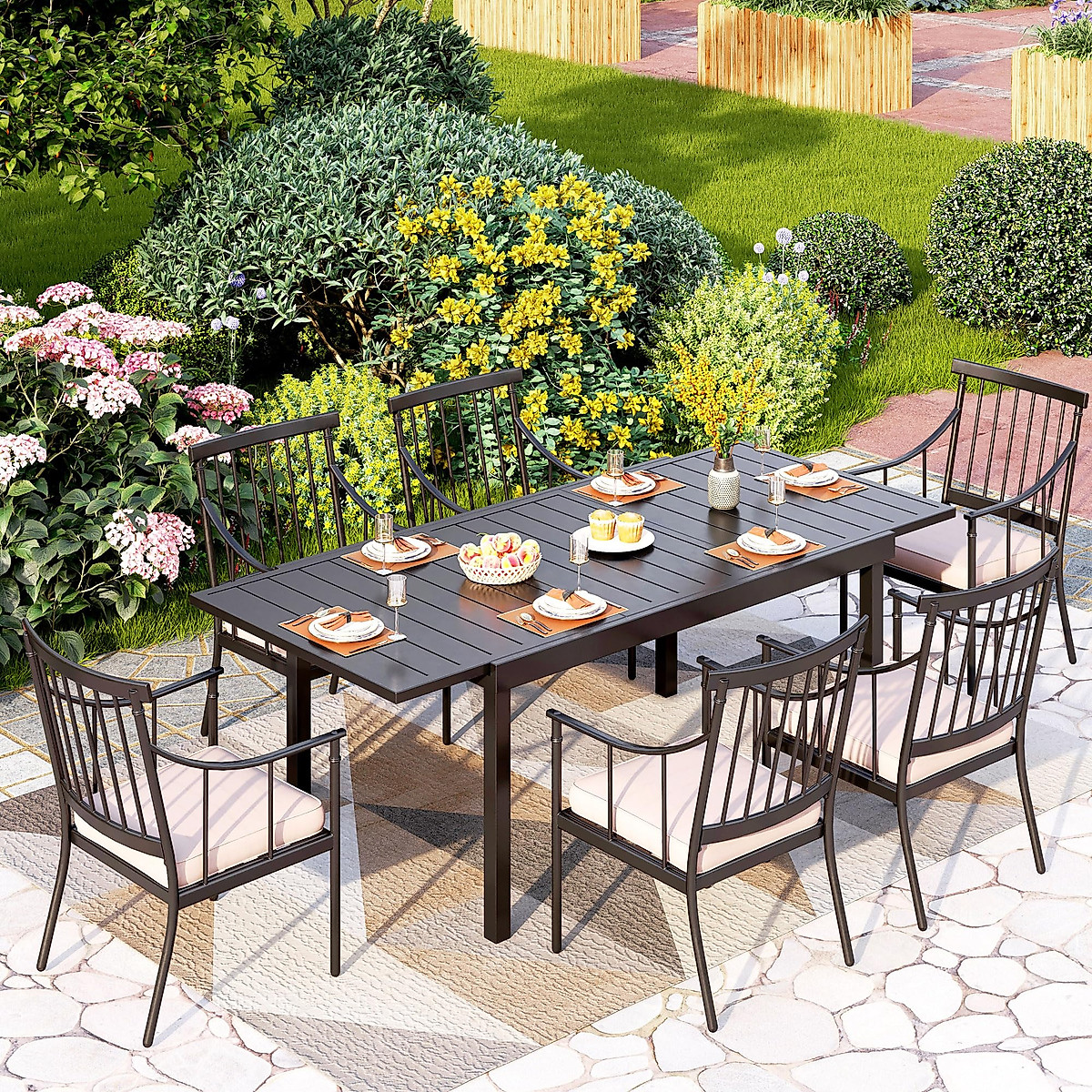 PHI VILLA Outdoor Metal Dining Chairs with Cushion, 300lbs Black Heavy Duty Weatherproof Chairs for Patio, Deck, Yard - Set of 4