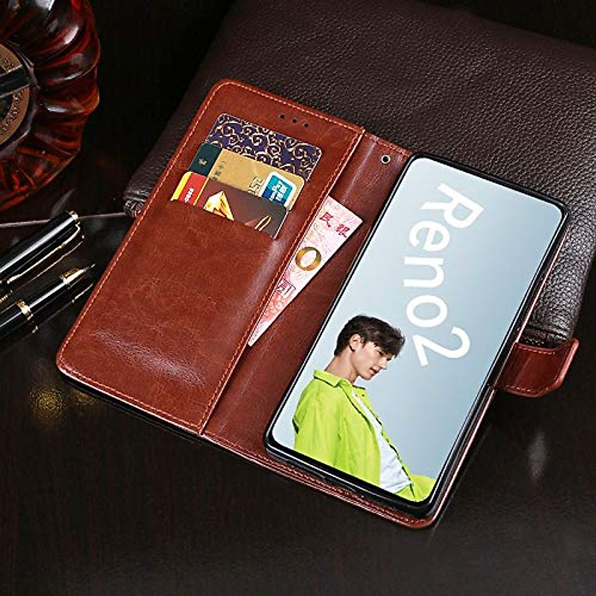 Case Cover Compatible with Oppo Reno2,Leather Flip Wallet Case with Card Slot,Stand Holder and Magnetic Closure, Case for Oppo Reno2