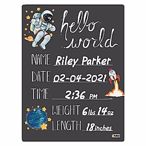 Cohas Hello World Newborn Baby Announcement Chalkboard Sign with Space Theme, 9 by 12 Inches, White Marker