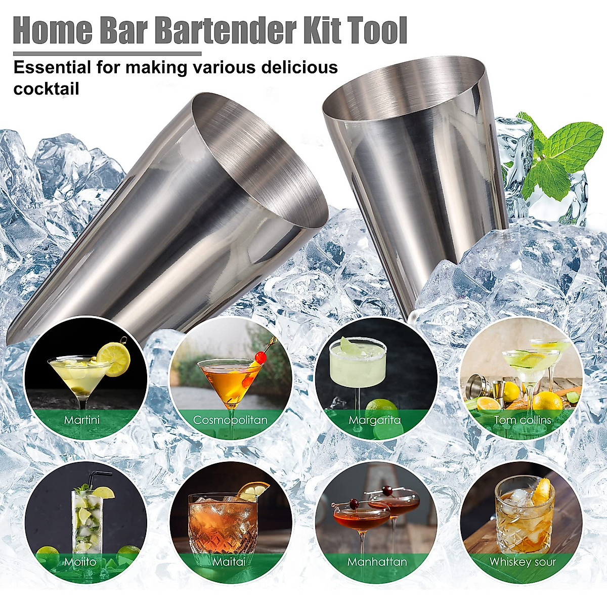 Esmula Bartender Kit with Stylish Bamboo Stand, 12 Piece 20oz/25oz Boston Cocktail Shaker Set for Mixed Drink, Professional Stainless Steel Bar Tool Set, Gift for Man Dad- Cocktail Recipes Booklet