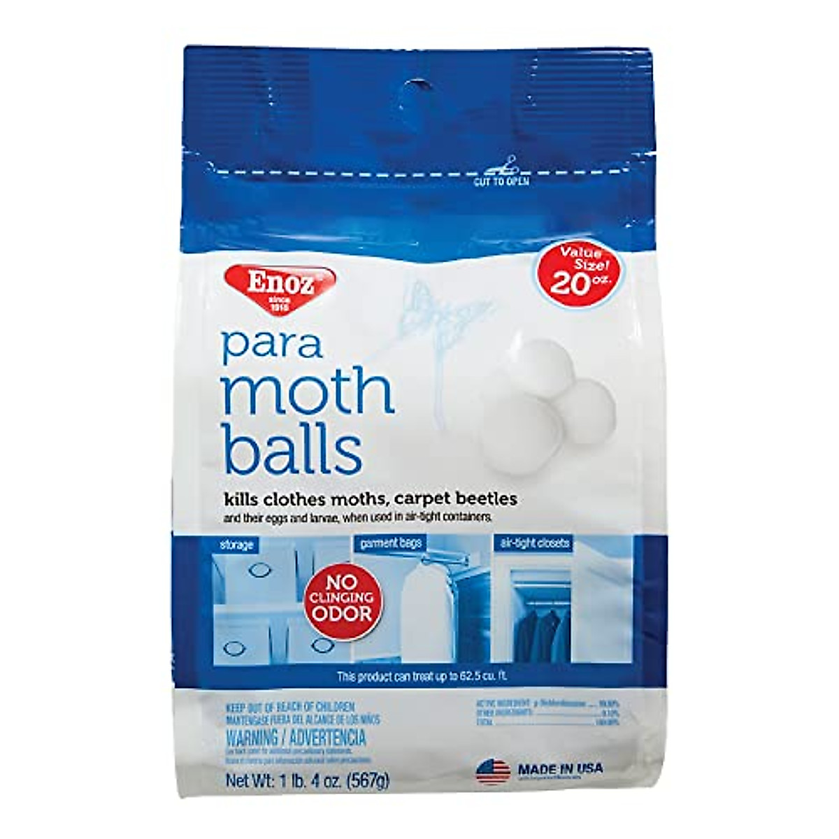 Enoz Para Moth Balls with No Clinging Odor: Kills Clothes Moths, Carpet Beetles, Eggs, and Larvae, Use for Storage, 20 oz Bag
