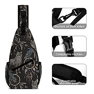NAWFIVE Sling Bag Watercolor Raven Wolf Crossbody Backpack with Anti Theft Boho Style Adjustable Shoulder Bag for Travel,Hiking,Cycling,Camping