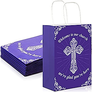 15 Pieces Welcome Gift Bags with Handles Purple Welcome to Our Church Gift Bags Religious Church Bag Baptism Gift Bag Bulk for Birthday Church Theme Party Supplies, 5.9 x 3.1 x 8.3 Inch