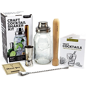 Premium Cocktail Shaker Kit Bar Gift Set with Mason Jar, Jigger, Spoon, Wooden Muddler, Recipe Book
