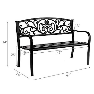 50" Patio Park Outdoor Garden Bench, Sturdy Metal Cast Iron Patio Park Bench, Front Yard Decor Seat Leisure Chair Outdoor Porch Furniture, Reinforced Steel, Durable, Patio Chairs Garden Furniture