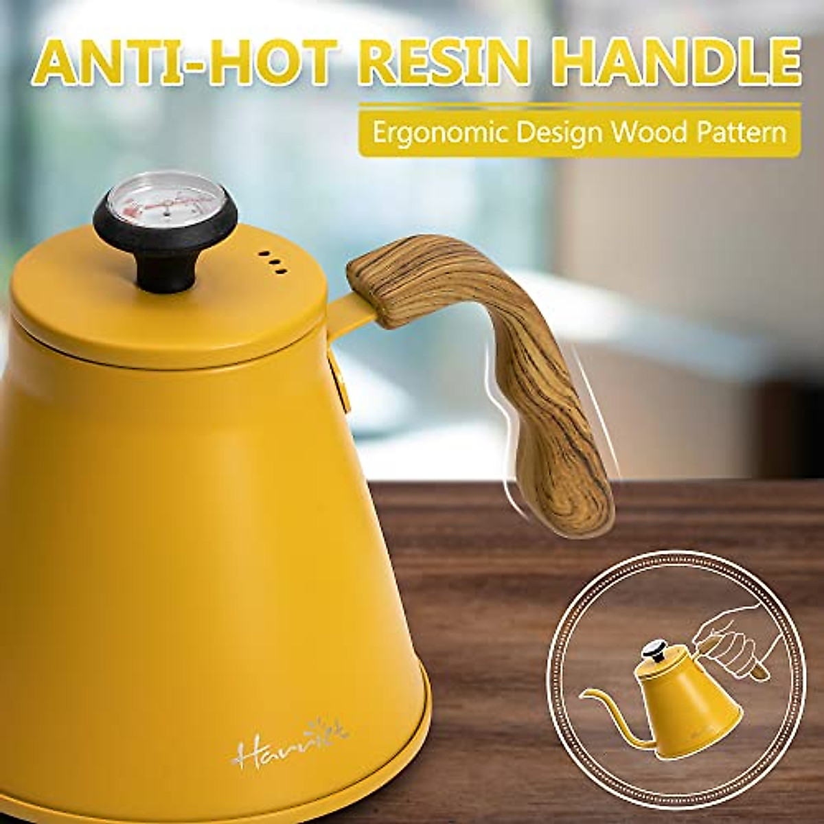 Gooseneck Kettle, Harriet 37oz Pour Over Kettle Stove Top, Stainless Steel Coffee kettle with Thermometer, Tea Kettle with 3-Layer Base, Anti-Hot Handle, for Drip Coffee & Tea