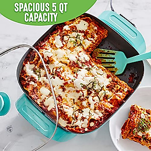 GreenLife Healthy Ceramic Nonstick, 12" 5QT Square Electric Skillet with Glass Lid, Dishwasher Safe, Adjustable Temperature Control, PFAS-Free, 8"D x 12"W x 6"H, 120 Volts, Turquoise