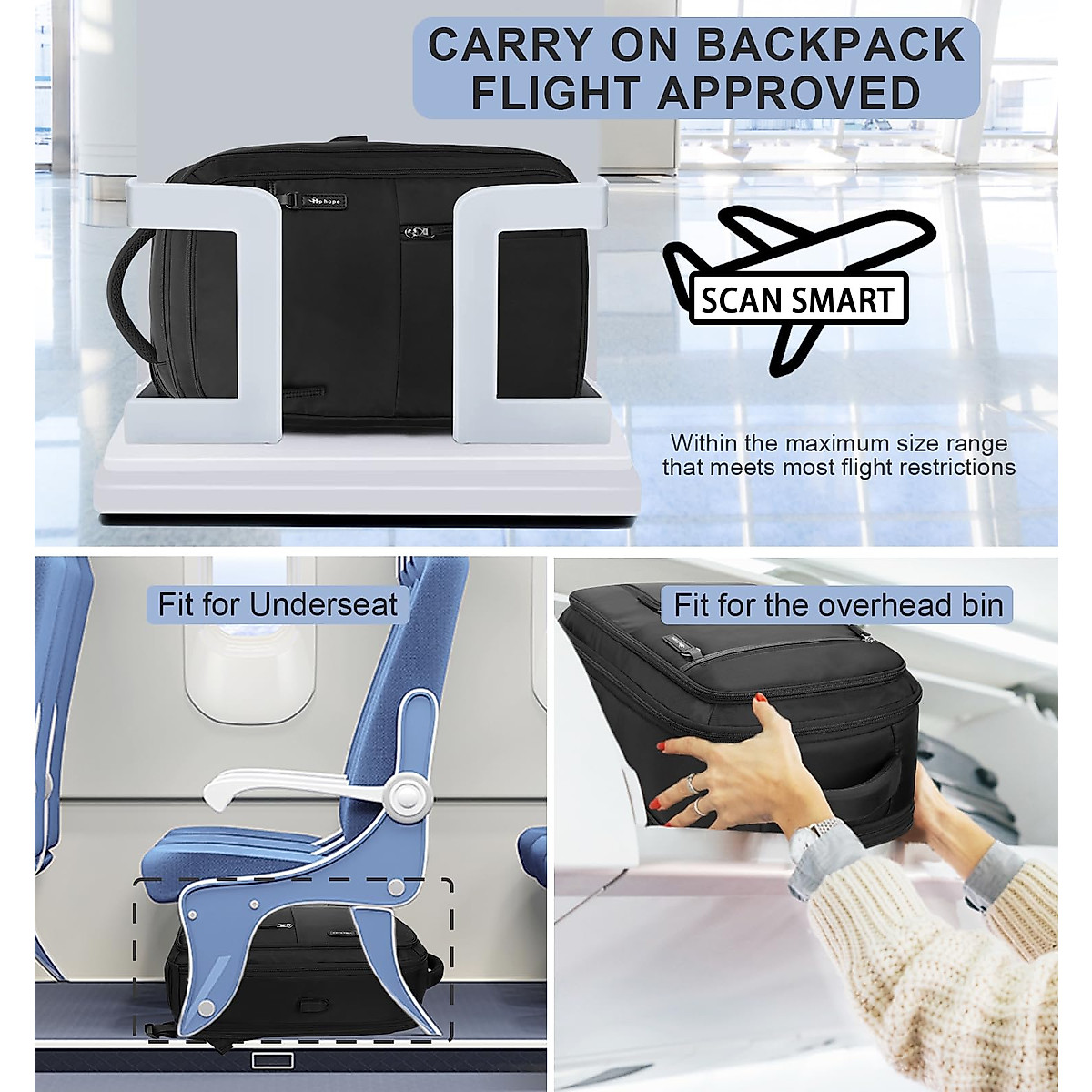 Hp hope Travel Backpack for Women Men, Expandable Airline Approved Carry On Backpack Flight Approved, Waterproof Hiking Weekender Backpack with USB Charging Port & Shoes Compartment, Black