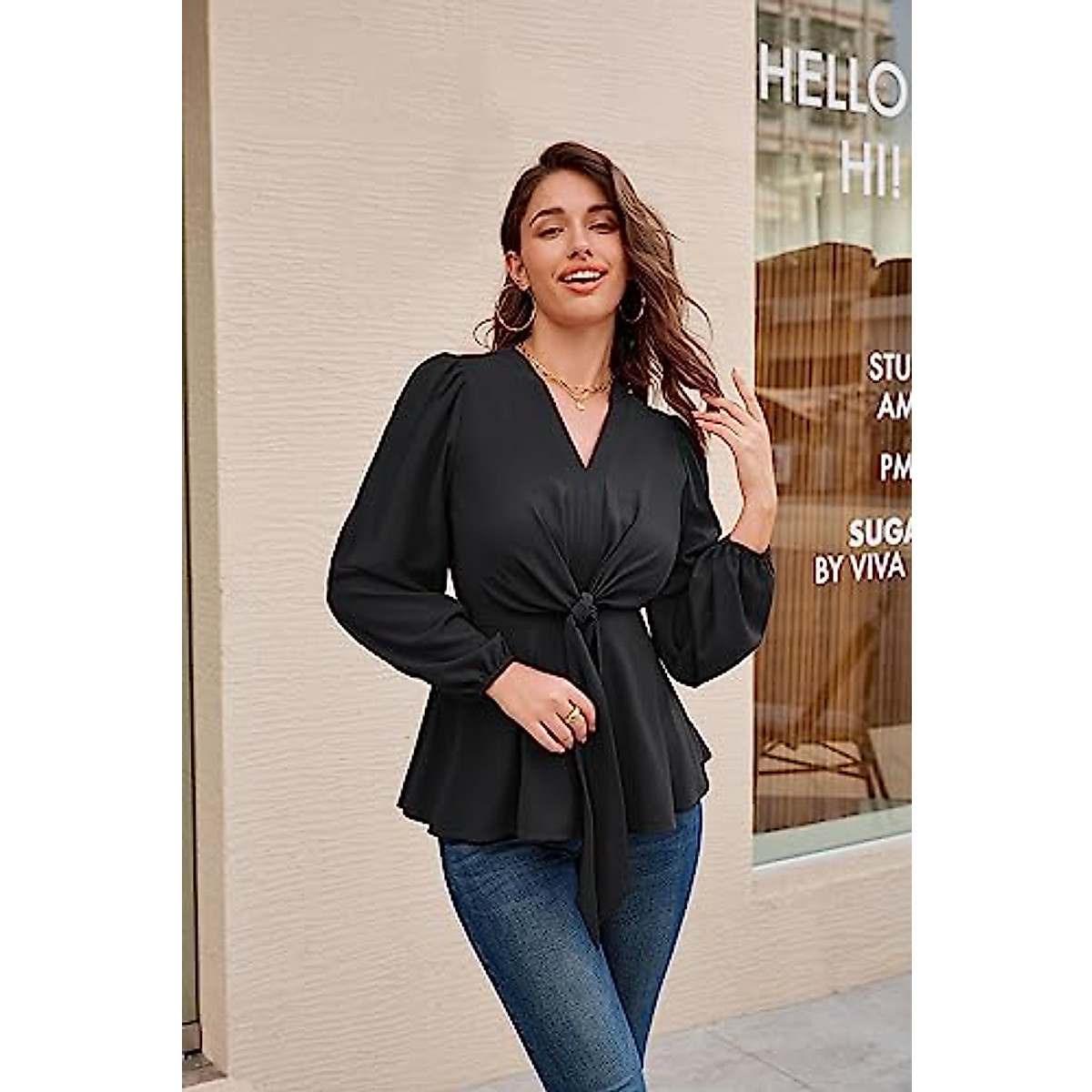 Black Peplum Tops for Women V Neck Tie Front Long Sleeve Shirts Tops Dressy L