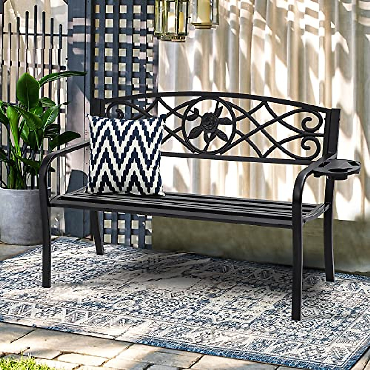 YITAHOME Outdoor Bench 50" Metal Bench with Cup Holder Rose Pattern Patio Bench with Backrest and Armrest for Porch Lawn Balcony Backyard and Indoor Black