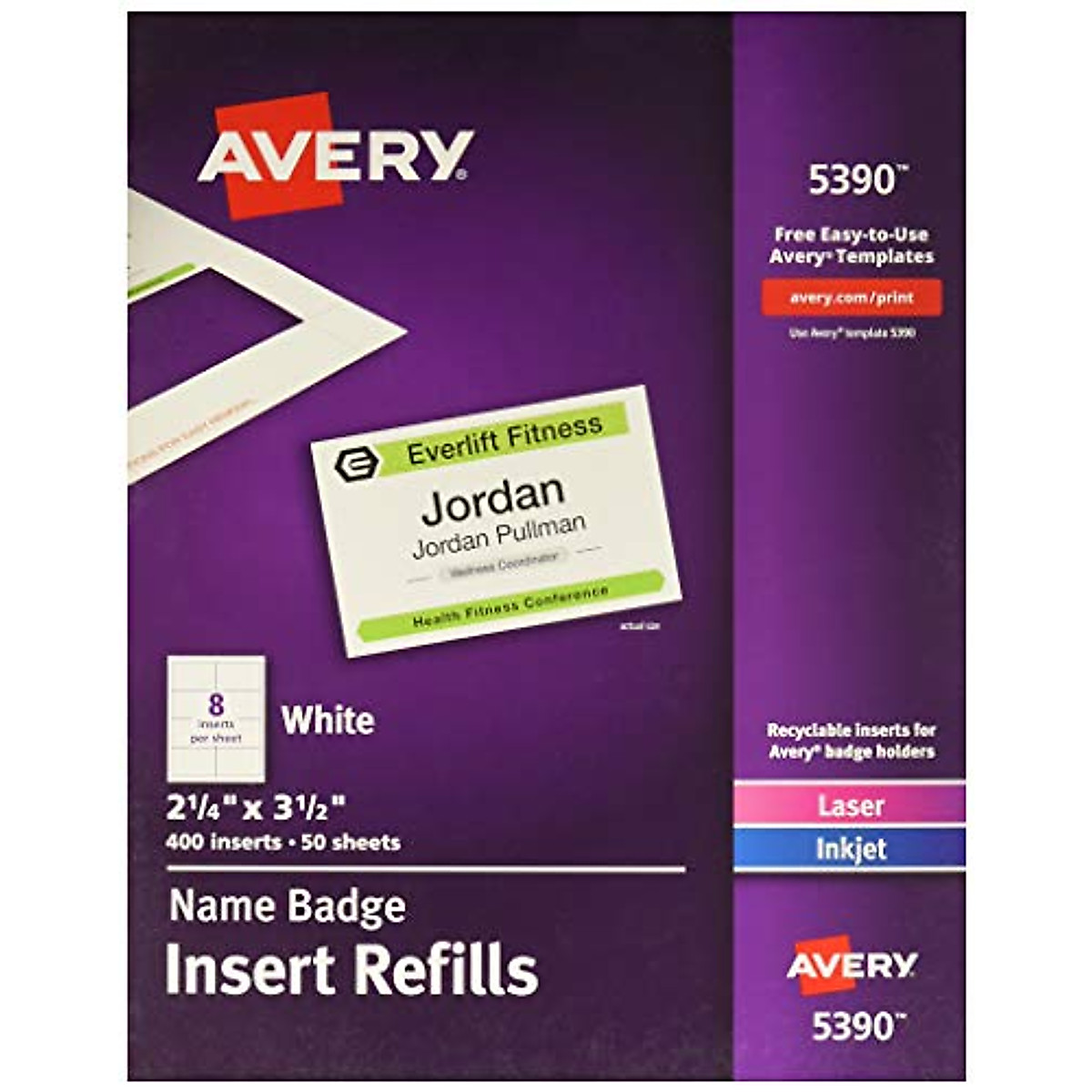 Avery Name Badge Inserts, Print or Write, 2-1/4 Inch x 3-1/2 Inch, 400 Card Stock Refills (5390), White