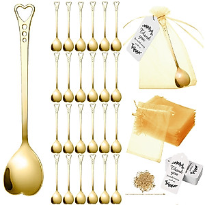50 Sets Heart Shaped Tea Spoons Wedding Favor for Guests 5.63'' Heart Shaped Mini Spoons Creative Love Spoons with Sheer Bags Labels for Wedding Guest Souvenir Bridal Shower Tea Party Favors (Gold)