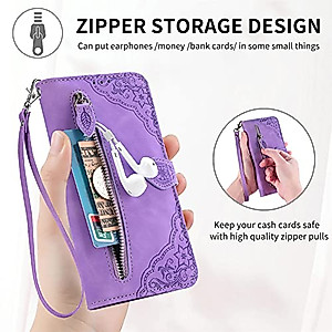 ONV Wallet Case for Oppo Realme V30 - with Zipper Wrist Strap Emboss Flower Flip Phone Case Card Slot Magnet Leather Shell Flip Stand Cover for Oppo Realme V30[SZY] -Purple