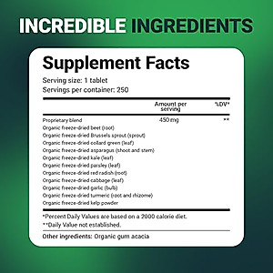 Dr. Berg's Greens Superfood Cruciferous Vegetable Tablets - Vegetable Supplements for Adults w/ 11 Phytonutrient Super Greens Tablets - Energy, Immune System & Liver Veggie Tablets - 250 Tablets
