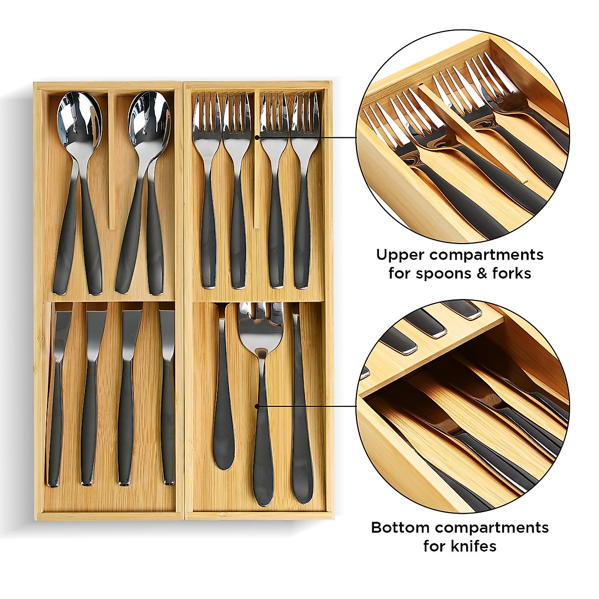 Ollieroo Bamboo Silverware Drawer Organizer, Compact kitchen Drawer Organizer for Flatware, Utensil Holder for Spoons, Forks, Knives, Drawer Organization for Kitchen, Bathroom, Livingroom, Office,1pcs