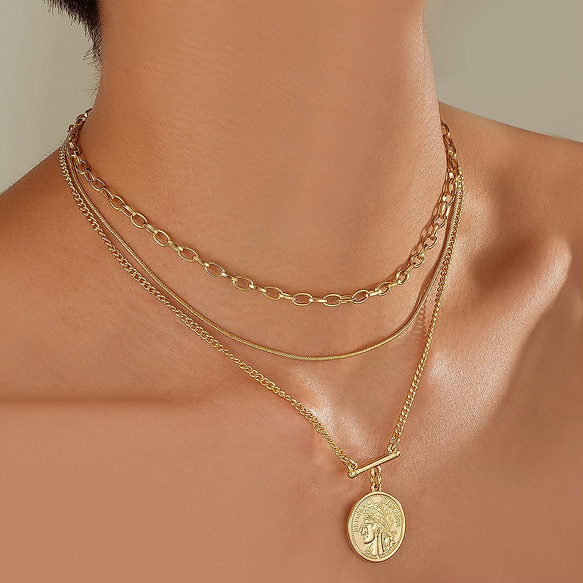 LANE WOODS 18k Gold Plated Necklaces for Women - Multilayer Coin Medallion Pendant Necklace Adjustable Layering Choker Necklaces Chain Set Jewelry