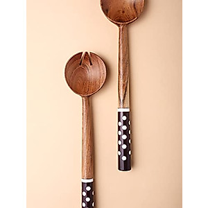 YoTreasure Tiramisu Black & White Dotted Resin Wood Salad Server Set | Wooden Utensils for Serving Salad, Spoon and Fork Set for Modern Kitchen