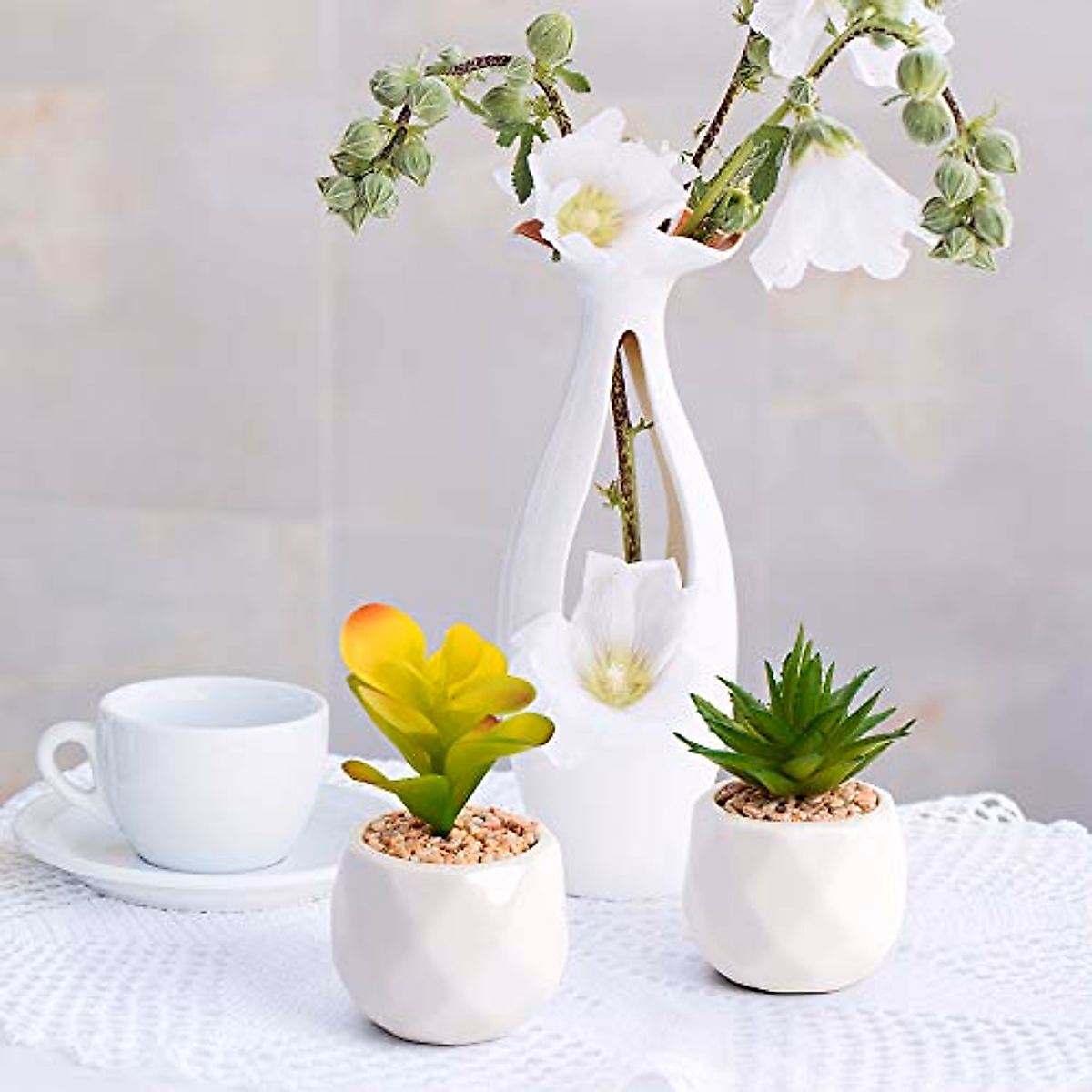 Mocoosy 4 Pack Mini Artificial Succulent Plants in Pots, Fake Succulent Set with White Ceramic Planter Pots, Faux Succulents Plants Artificial Potted for Home Office Bedroom Decorations