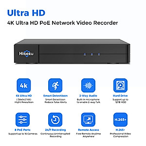 【16 channel Extendable】Hiseeu 8 Port 4K PoE Network Video Recorder NVR, Support 4K/2K/8MP/5MP/3MP/1080P PoE Camera, Free Remote Access, Motion Alarm, 24/7 Recording, Smart Playback, No Hard Disk Drive